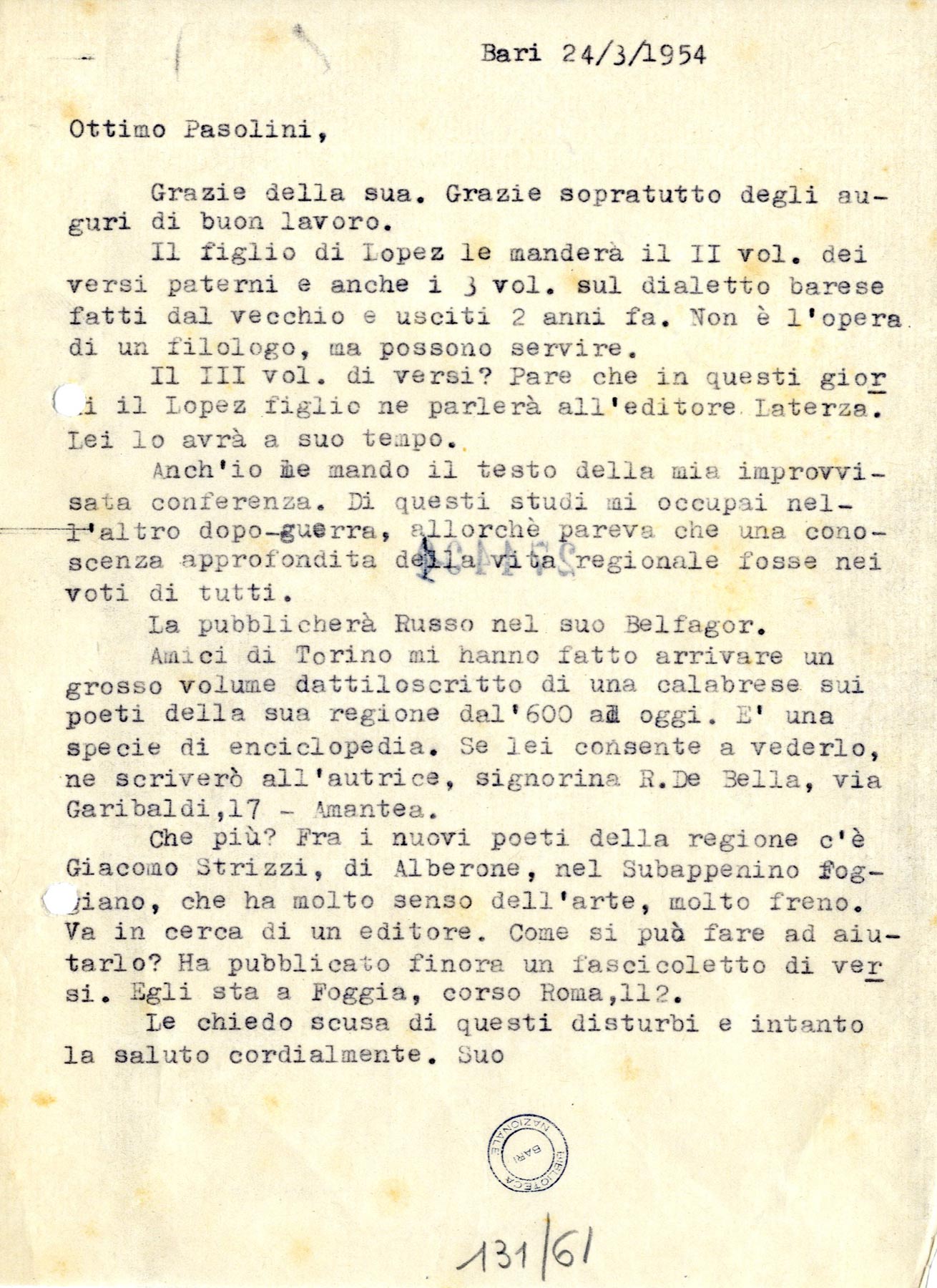 Thomas Fiore, man of peace. The Archives at the National Library of Bari