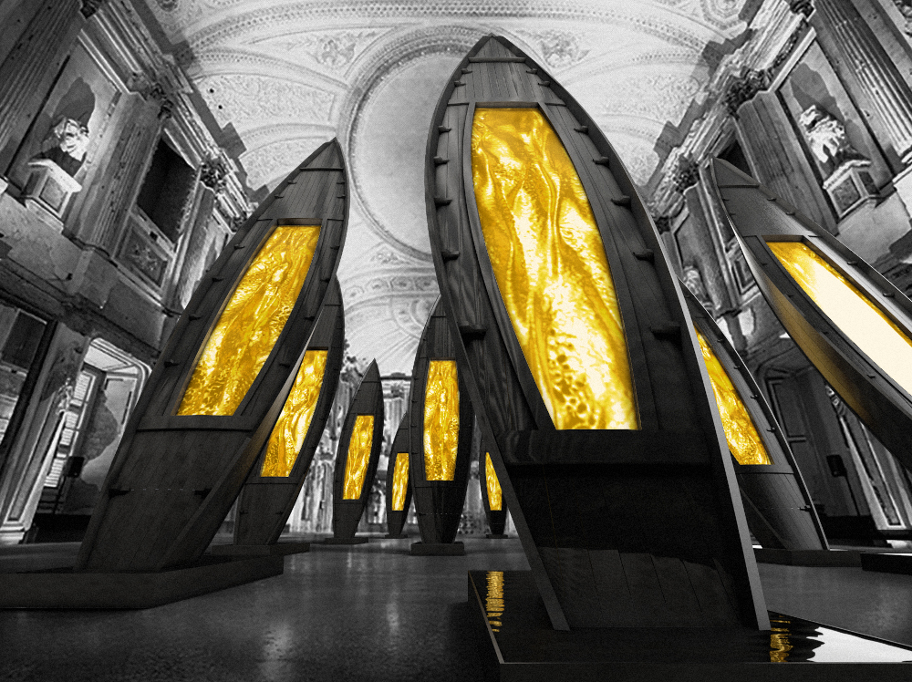 Milan, giant boats in which gold flows: Fabrizio Plessi's installation ...
