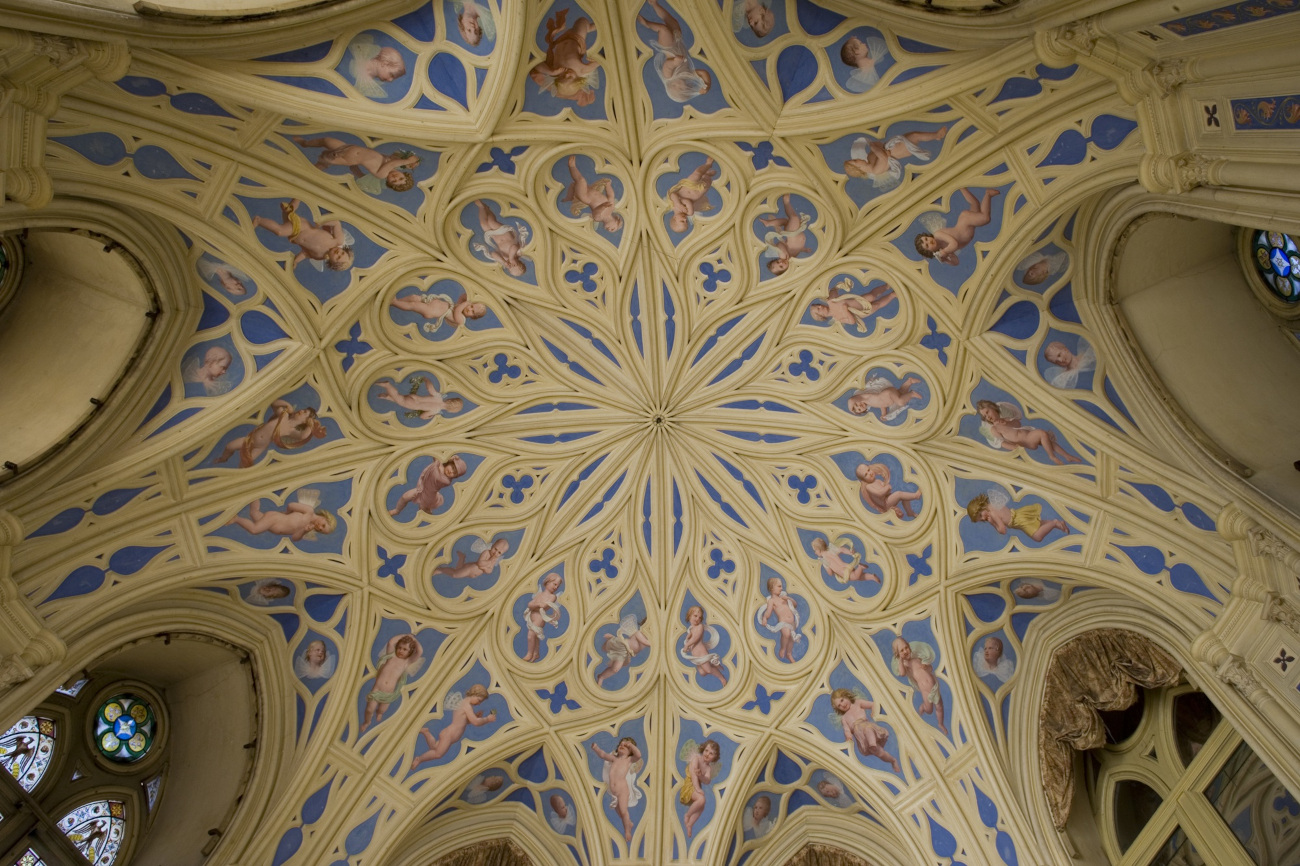 Painted stained glass windows of the Margarie in Racconigi Castle Park ...