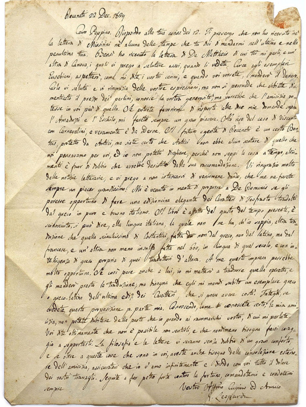 Naples, National Library acquires letter from Leopardi to cousin: talks ...